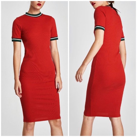 Zara | Dresses | Zara Red Ribbed Midi Dress | Poshmark